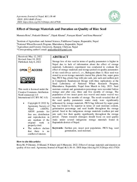 Pdf Effect Of Storage Materials And Duration On Quality Of Rice Seed
