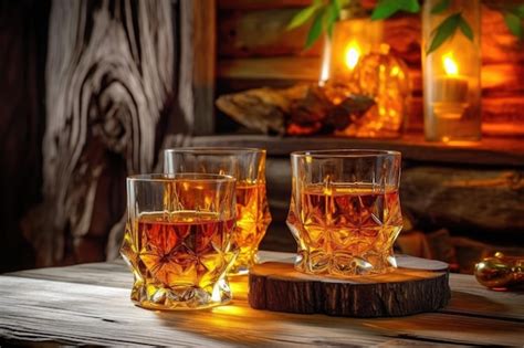 Premium Ai Image Whiskey Glasses On A Rustic Wooden Table With Amber