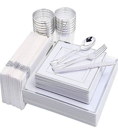 Disposable Plastic Dinnerware Set Silver 175 Pieces Includes 25 Of