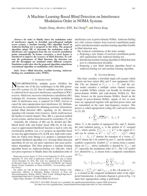 A Machine Learning Based Blind Detection On Interference Modulation Order In Noma Systems Pdf