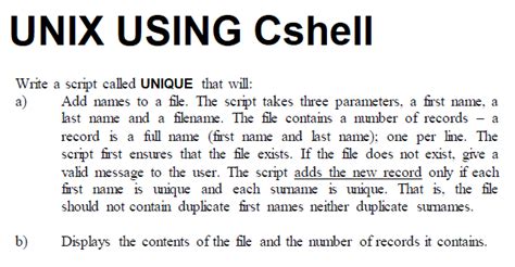 Solved Unix Using Cshell A Write A Script Called Unique That