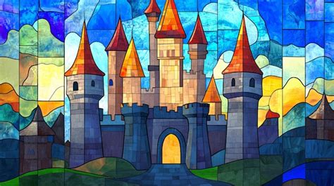 A Stained Glass Representation Of A Medieval Castle With Towers A Moat