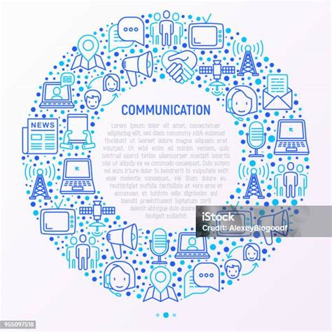 얇은 선 아이콘 원에서 통신 개념 전자 메일 신문 편지 채팅 Tv 지원 화상 통화 마이크 현대 벡터 일러스트 레이 션 웹 페이지 서식 파일 0명에 대한 스톡 벡터 아트 및