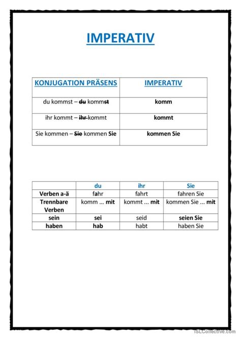 Imperativ Deutsch DAF Arbeitsblätter pdf doc