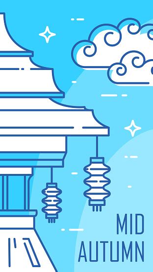 행복 한 중앙가 축제 카드 사원와 파란색 배경에 구름 얇은 라인 플랫 디자인입니다 벡터 배너입니다 0명에 대한 스톡 벡터 아트 및 기타 이미지 Istock