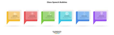 수평 행에 배치된 반투명 직사각형 요소 뒤에 있는 6개의 말풍선 명확한 말하기의 6가지 특징의 개념 최소한의 인포그래픽 디자인 템플릿입니다 현대 평면 벡터 그림입니다 6에