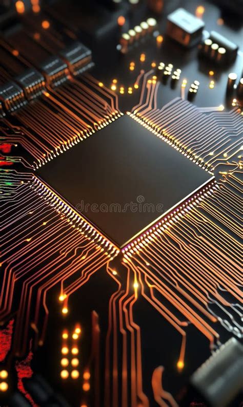 High Tech Circuit Board Design With Microchip In Abstract Technology Concept Stock Illustration
