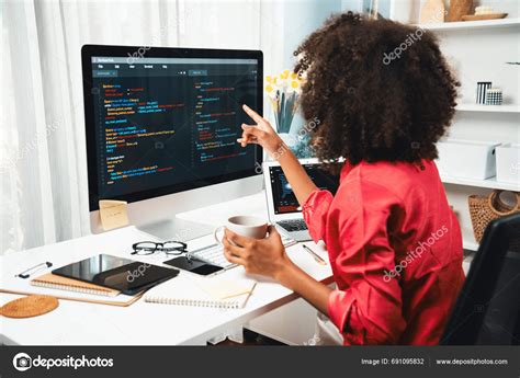 Young Working African Woman Creating Coding Website Developer Thinking