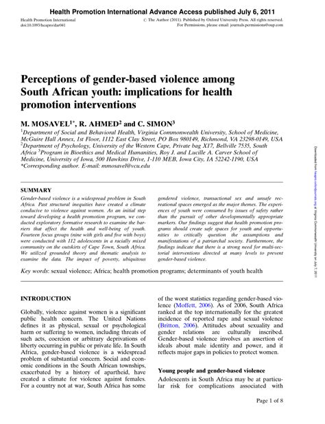 Pdf Perceptions Of Gender Based Violence Among South African Youth