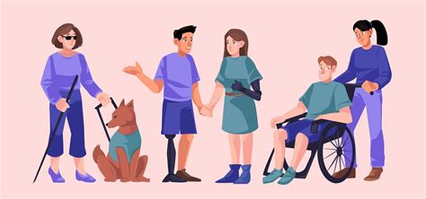 다양한 핸디캡 사람들 그룹 장애 개념 휠체어에 장애인 캐릭터 생체 공학 손 또는 다리 보철물을 가진 남녀 막대기와