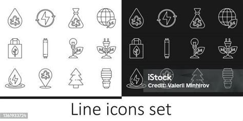 세트 라인 Led 전구 잎에 전기 절약 플러그 재활용 쓰레기 봉투 형광 램프 쇼핑 깨끗한 아쿠아 빛과 번개 볼트 아이콘을 재활용합니다 벡터 Led 조명에 대한 스톡 벡터