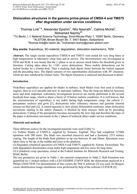 Pdf Dislocation Structures In The Gamma Prime Phase Of Cmsx 4 And Tms75 After Degradation