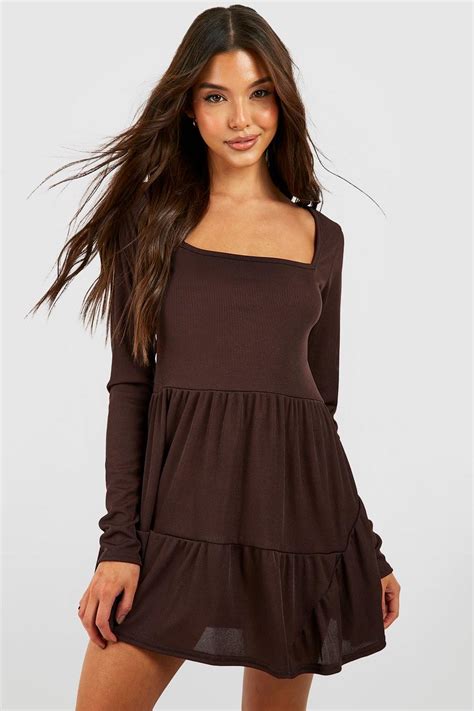 Rib Asymmetric Tiered Smock Dress Boohoo Uk