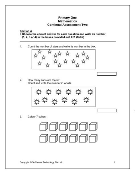 Primary One Mathematics Continual Assessment Freeexampapers
