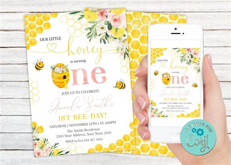 Editable Bee Birthday Invitation Bee First Birthday Invitation Floral