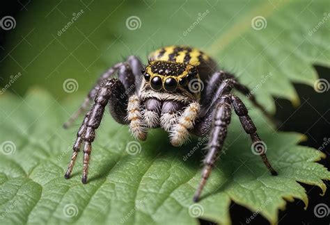 A Close Up Of A Black And Yellow Jumping Spider On A Green Leaf Stock
