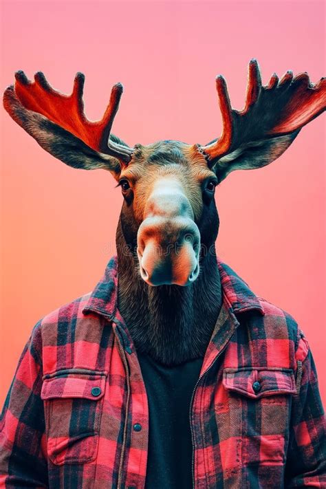 A Man Wearing A Red And Black Plaid Shirt With A Moose Head On His Head Stock Image Image Of