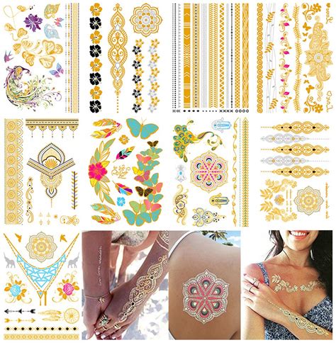 Gold Temporary Tattoos For Women Metallic Henna Tattoo Flash Jewelry
