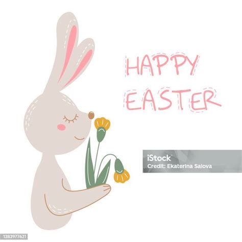 토끼와 꽃 행복 부활절 컬러 인사말 카드 귀여운 토끼와 벡터 엽서 계절에 대한 스톡 벡터 아트 및 기타 이미지 계절 공휴일 귀 부분 Istock