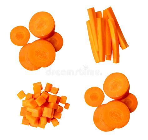 Top View Set Of Orange Carrot Slices Or Pieces In Circle Stick And Cube