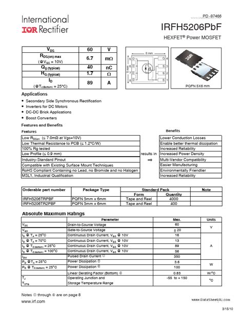 IRFH5206PBF Datasheet PDF HEXFET Power MOSFET