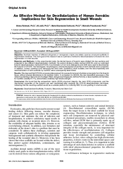 Pdf An Effective Method For Decellularization Of Human Foreskin Implications For Skin