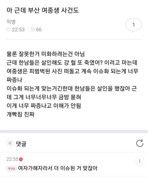 부산여중생 사건에 관한 여초의 반응 포텐 터짐 최신순 에펨코리아