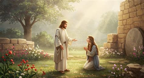 Jesus Appearing To Mary Magdalene In Garden Tomb Bright Illustration