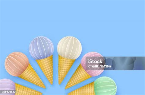 여름 아이스크림 콘 배경 3d 펀치 파스텔 스타일 종이 컷된 스타일에 추상적인 아이스크림 패턴입니다 최소한의 여름 음식 개념입니다 플랫이 하다 벡터 일러스트 레이 션 0명에