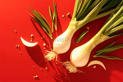 빨간색 배경에 녹색 양파 일러스트 무료 다운로드 Lovepik