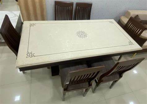6 Seater Marble Top Sheesham Wood Rectangular Dining Table Chair Set At