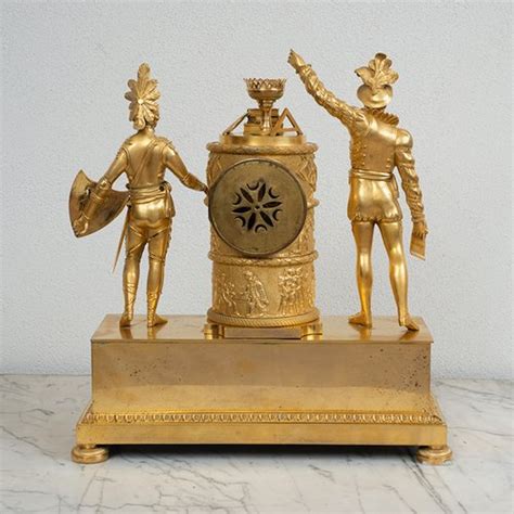 Antique French Empire Clock In Finely Chiseled Golden Bronze 19th