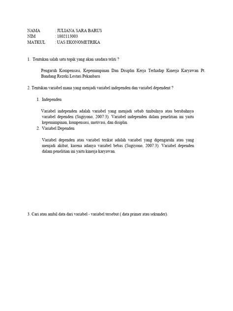 Uas Ekonometrika Juliana Sara Barus 1802113003 Pdf