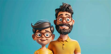 3d Animated Father And Son With Glasses Smiling Against A Blue