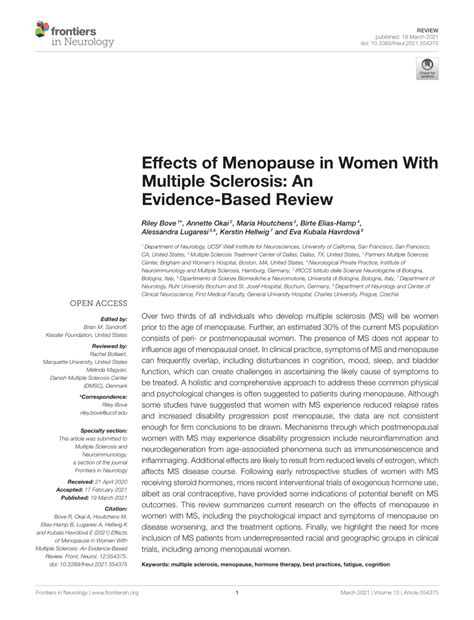 Pdf Effects Of Menopause In Women With Multiple Sclerosis An