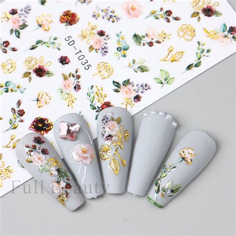 Badu Bg 5d стикер за нокти Син бронзиращ дизайн на цветни листа Акрилни гравирани плъзгачи за