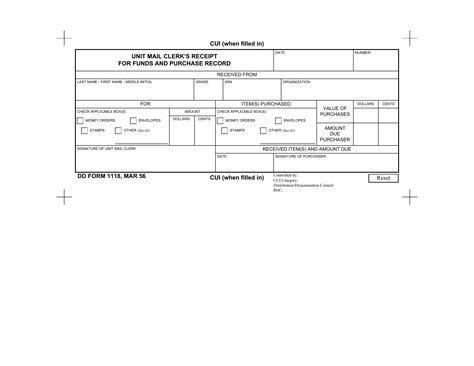 Dd Form 1118 Unit Mail Clerks Receipt For Funds And Purchase Record