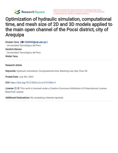 Pdf Optimization Of Hydraulic Simulation Computational Time And