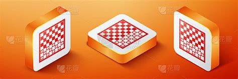 等距棋盘游戏的跳棋图标孤立在橙色的背景。古代智力棋盘游戏。棋盘。白色和黑色的筹码。橙色平方按钮。向量