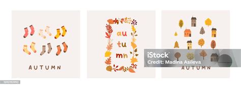 가을 가을 분위기 인사말 카드 포스터 템플릿입니다 가을 시즌 추수 감사절 초대를 환영합니다 미니멀리스트 엽서 9 월 나뭇잎 나무 아늑한 집 평면 만화 스타일의 벡터 그림