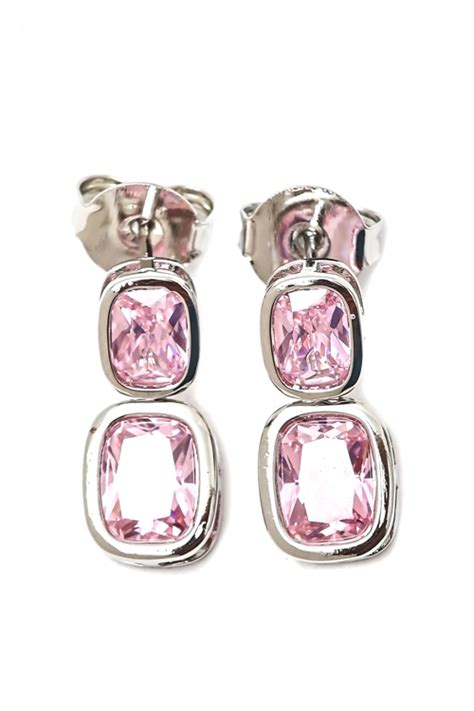 Brinco Feminino Zircônias Rosa de Encaixe Banhado em Ródio Branco