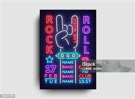 록 음악의 밤 파티 전단지 디자인 서식 파일입니다 바위와 롤 네온 사인 라이트 배너 록 콘서트 초대 네온 스타일 밝은 소책자 인쇄 술 밝은 네온 광고 디자인 벡터 초대장에