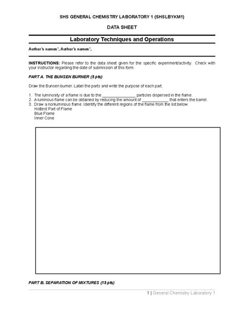 Data Sheet For Lab Techniques Operations SHS GENERAL CHEMISTRY LABORATORY 1 SHSLBYKM1 DATA