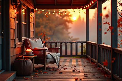 Cozy Autumn Porch At Sunset With String Lights And Falling Leaves Stock
