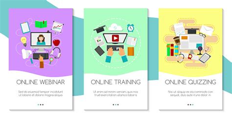 거리 교육 배너 세트입니다 온라인 과정 웨비나 퀴즈 E러닝 튜토리얼 개념 벡터 일러스트레이션 데스크톱 컴퓨터 헤드폰 키보드 계산기 일러스트레이션에 대한 스톡 벡터 아트 및