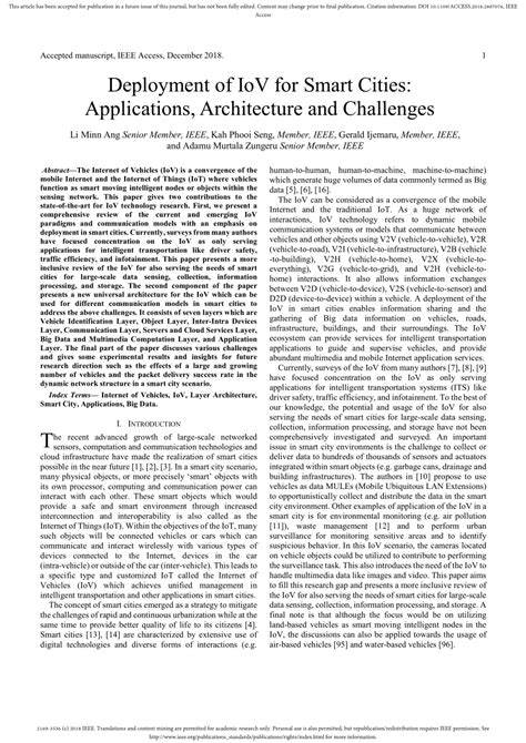 Pdf Deployment Of Iov For Smart Cities Applications Architecture And Challenges