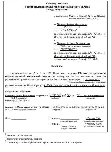 Образец заявления о распределении долей между супругами для налогового вычета за квартиру