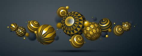 현실적인 장식된 황금 구 벡터 일러스트레이션 패턴과 필드 효과의 깊이가 있는 반짝이는 금의 아름다운 공이 있는 추상적인 배경 3d 글로브 디자인 컨셉 아트 프리미엄 벡터