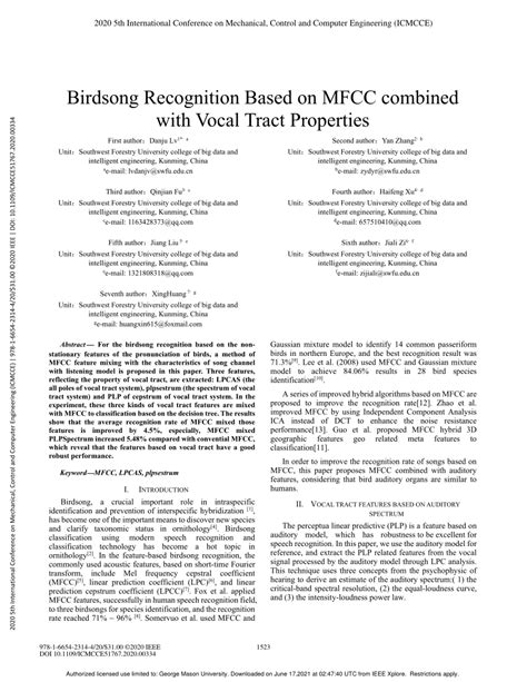 Pdf Birdsong Recognition Based On Mfcc Combined With Vocal Tract Properties