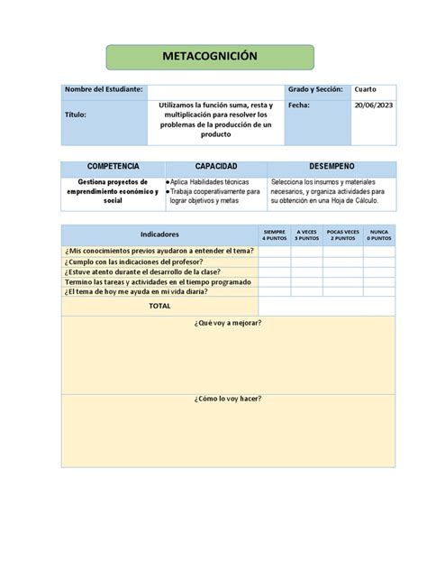 Ficha De Metacognición Pdf